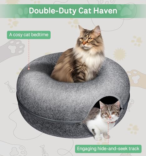 Gleejoy Peekaboo Cat Cave for Multiple Cats/Large Cats, Cat Caves for Indoor Cats Up to 30 Lbs, Cat Tunnel Bed, Scratch Detachable and Washable Large Donut Cat Bed, Dark Gray