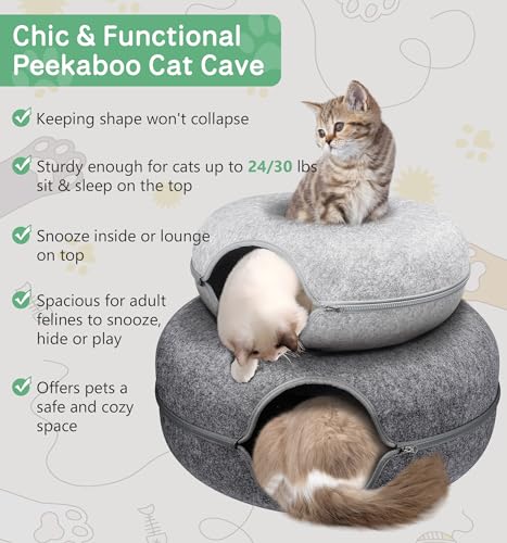 Gleejoy Peekaboo Cat Cave for Multiple Cats/Large Cats, Cat Caves for Indoor Cats Up to 30 Lbs, Cat Tunnel Bed, Scratch Detachable and Washable Large Donut Cat Bed, Dark Gray