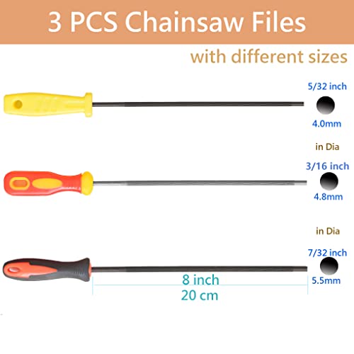 SKZIRI Chainsaw File Set 3 Sizes 5/32, 7/32, 3/16 inch, Chainsaw Sharpener Set Tool Kit Chain Sharpening File Sharpening File Steel with Plastic Handle Round Files for Chainsaw Chain
