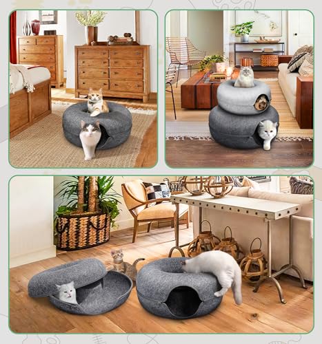 Gleejoy Peekaboo Cat Cave for Multiple Cats/Large Cats, Cat Caves for Indoor Cats Up to 30 Lbs, Cat Tunnel Bed, Scratch Detachable and Washable Large Donut Cat Bed, Dark Gray