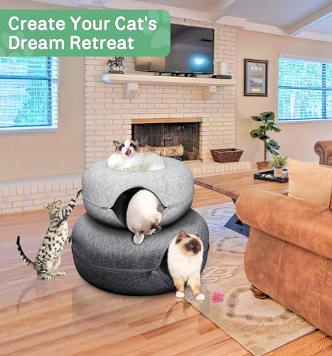 Gleejoy Peekaboo Cat Cave for Multiple Cats/Large Cats, Cat Caves for Indoor Cats Up to 30 Lbs, Cat Tunnel Bed, Scratch Detachable and Washable Large Donut Cat Bed, Dark Gray