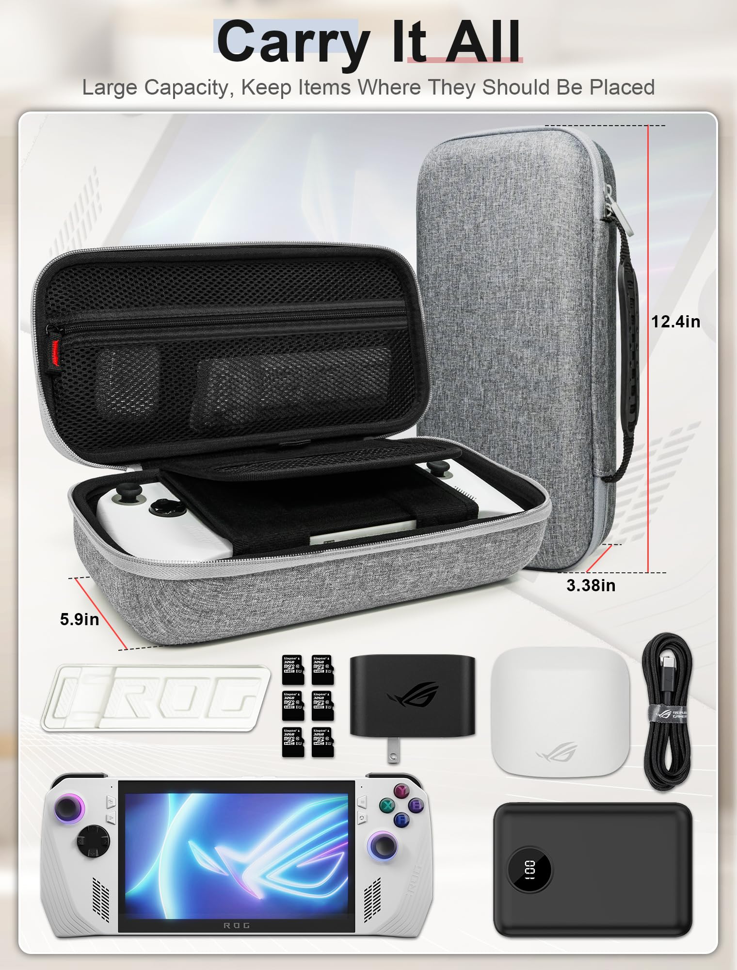 Lersyco Carrying Case for Rog Ally, Rog Ally handheld case with hard shell, Gray Rog Ally carry bag, Protective Travel Case for Buttons/Joysticks protection