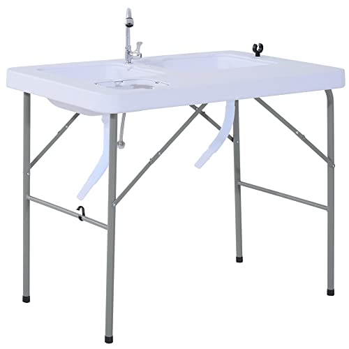 Outsunny Portable Folding Camping Sink Table with Faucet and Dual Water Basins, Outdoor Fish Table Sink, 40''