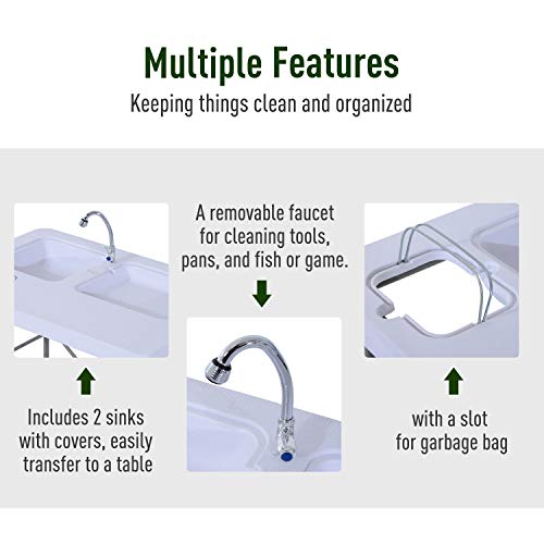 Outsunny Portable Folding Camping Sink Table with Faucet and Dual Water Basins, Outdoor Fish Table Sink, 40''