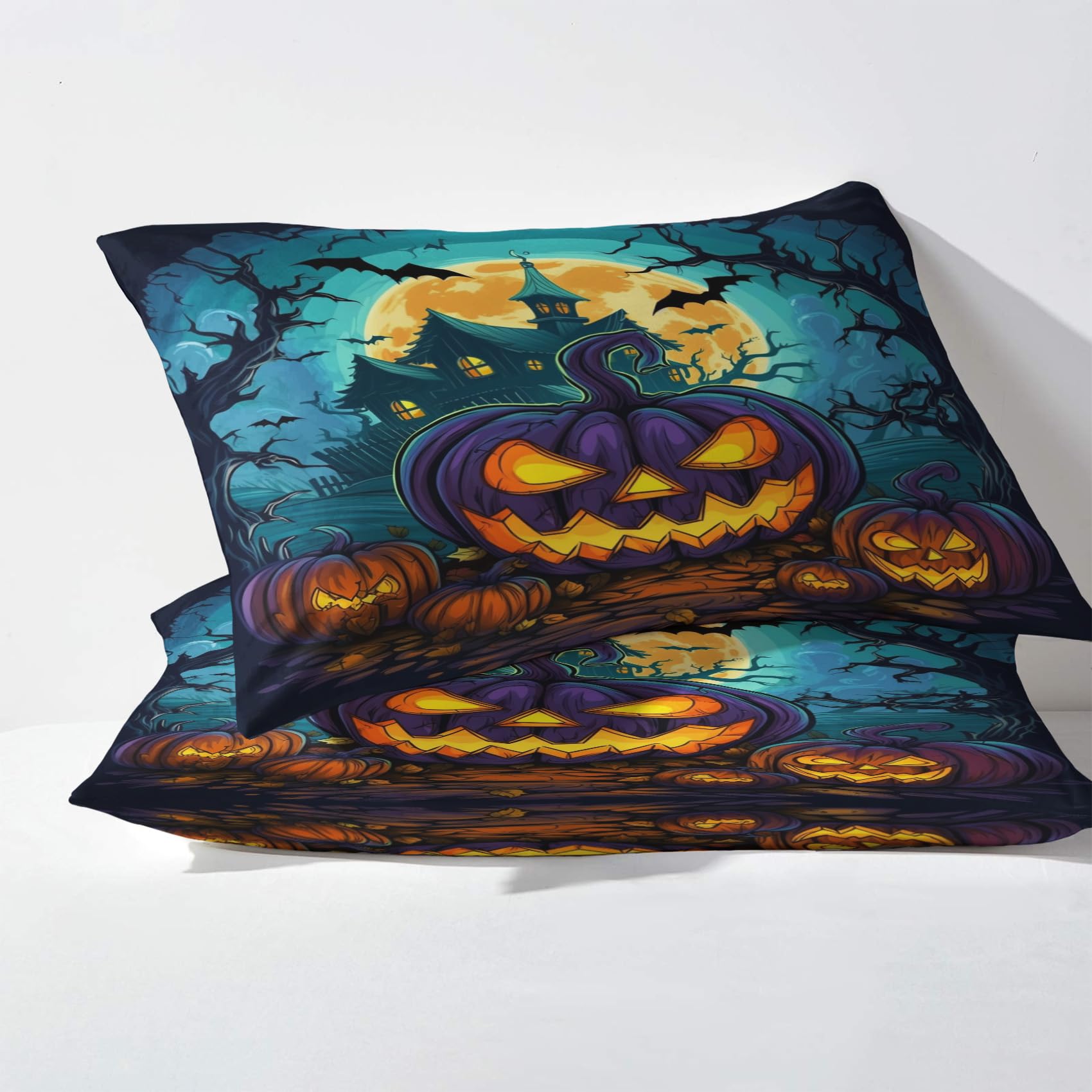 Halloween Sheets Full Size, Pumpkin Castle Dead Tree Bed Sheets, Patterned Bedding Sheets & Pillowcases 4 Piece Set - Soft Microfiber Deep Pocket Fitted Sheet & Flat Sheet & 2 Pillow Cases L6-&-4