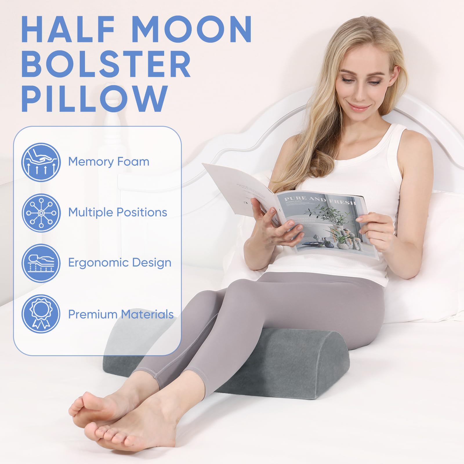 Forias Knee Pillow for Back Sleeping, Memory Foam Leg Pillow for Side Sleeping Bolster Pillow for Legs Elevation Half Moon Leg Elevation Pillow for Knee Lumbar Support, Ankle Rest and Foot Comfort