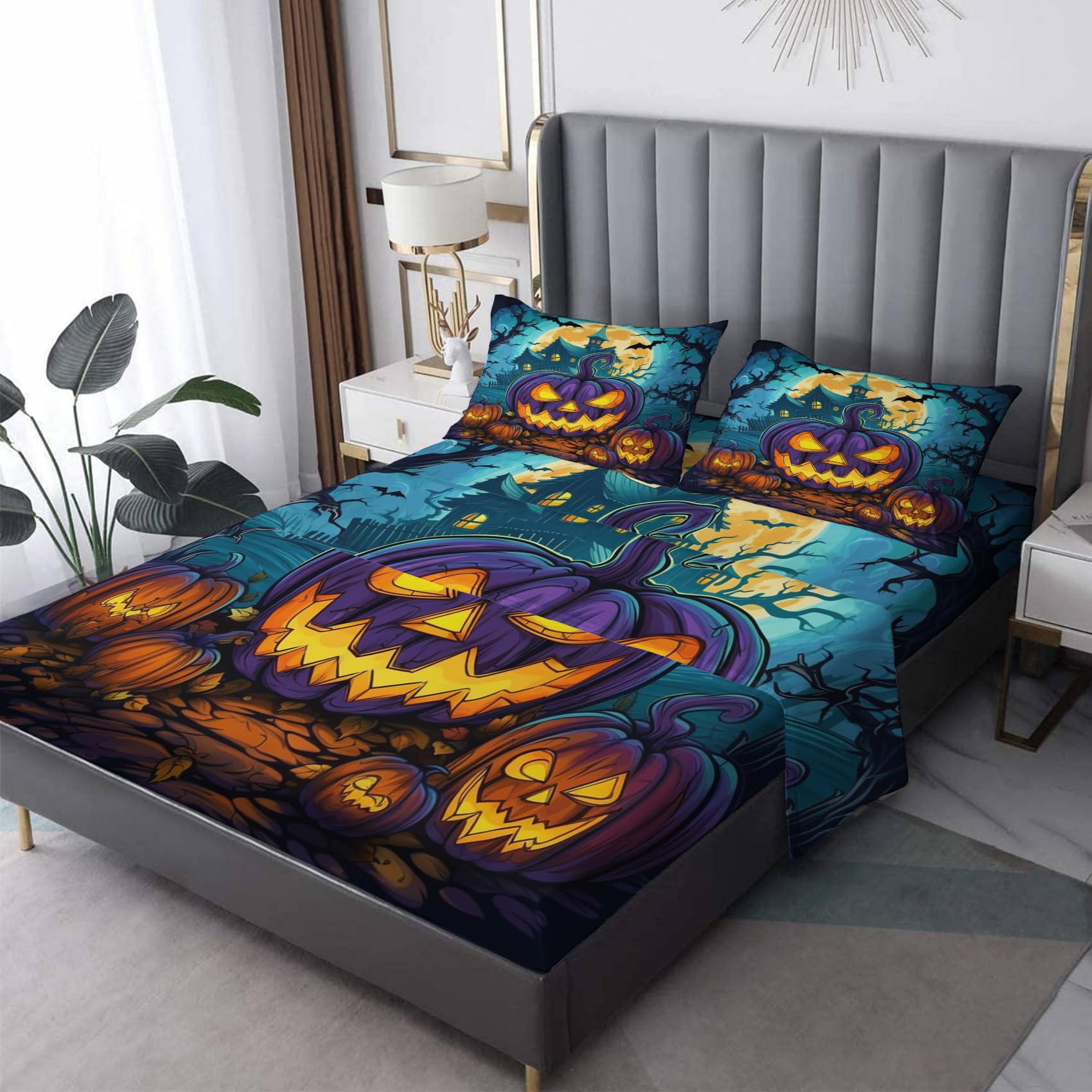 Halloween Sheets Full Size, Pumpkin Castle Dead Tree Bed Sheets, Patterned Bedding Sheets & Pillowcases 4 Piece Set - Soft Microfiber Deep Pocket Fitted Sheet & Flat Sheet & 2 Pillow Cases L6-&-4
