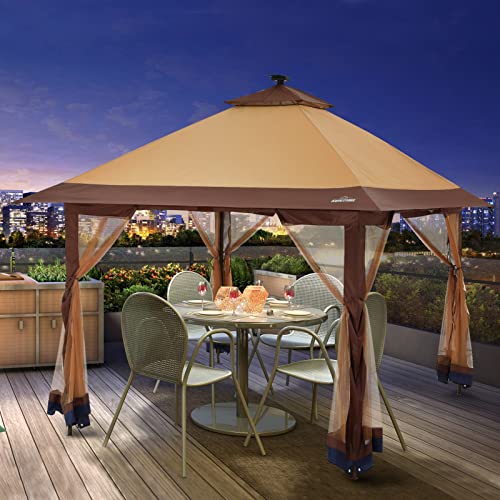 Suntime 12x12 Instant Pop Up Gazebo Canopy Tent Shelter with Solar LED Lights, Zippered Mesh Mosquito Netting, Wheeled Roller Carry Bag, Bonus Weight Sandbags, Stakes, Ropes - Brown