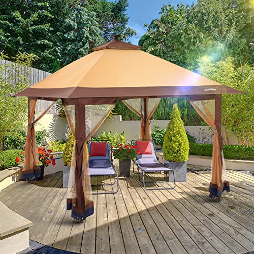 Suntime 12x12 Instant Pop Up Gazebo Canopy Tent Shelter with Solar LED Lights, Zippered Mesh Mosquito Netting, Wheeled Roller Carry Bag, Bonus Weight Sandbags, Stakes, Ropes - Brown