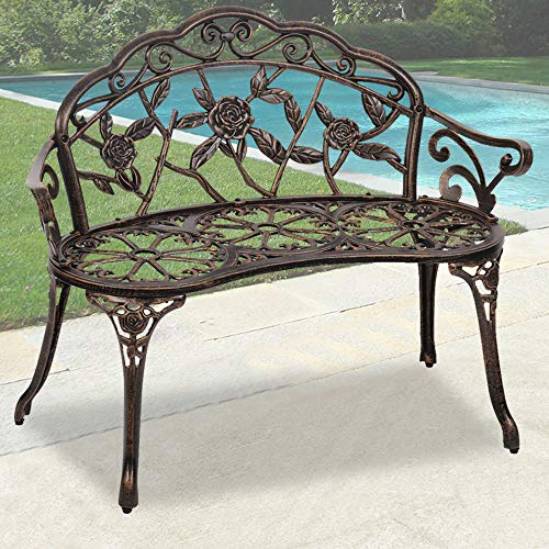 Dkeli Garden Bench Outdoor Bench Park Benches for Outdoors Metal Aluminum Porch Chair Seat Furniture Perfect for Patio Park Yard Deck Entryway, Floral Rose Accented Bronze