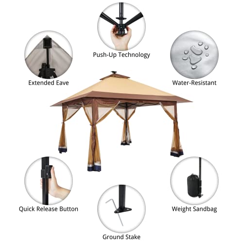 Suntime 12x12 Instant Pop Up Gazebo Canopy Tent Shelter with Solar LED Lights, Zippered Mesh Mosquito Netting, Wheeled Roller Carry Bag, Bonus Weight Sandbags, Stakes, Ropes - Brown