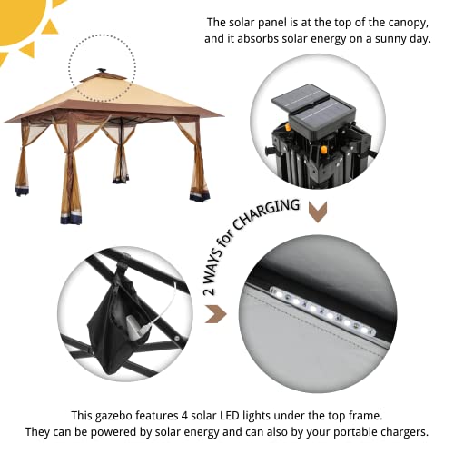 Suntime 12x12 Instant Pop Up Gazebo Canopy Tent Shelter with Solar LED Lights, Zippered Mesh Mosquito Netting, Wheeled Roller Carry Bag, Bonus Weight Sandbags, Stakes, Ropes - Brown