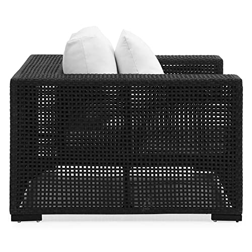 Zuri Furniture Modern Marquesa Outdoor Black Wicker Armchair with Quick Drying Cushions in White