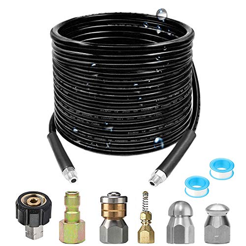 Selkie Pressure Washer Sewer Jetter Kit - 100Ft Hydro Drain Jetter Cleaner Hose, Corner, Rotating and Button Nose Sewer Jetting Nozzle Waterproof Tape,Orifice 4.0 4.5,1/4 Inch NPT,5800 PSI