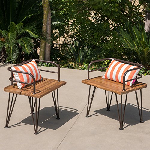Christopher Knight Home Zion Outdoor Industrial Acacia Wood Chairs with Iron Frame, 2-Pcs Set, Teak Finish / Rustic Metal