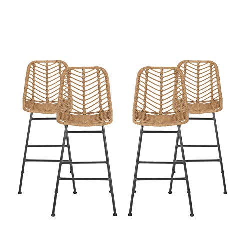 Great Deal Furniture Angela Outdoor Wicker Barstools (Set of 4), Light Brown and Black