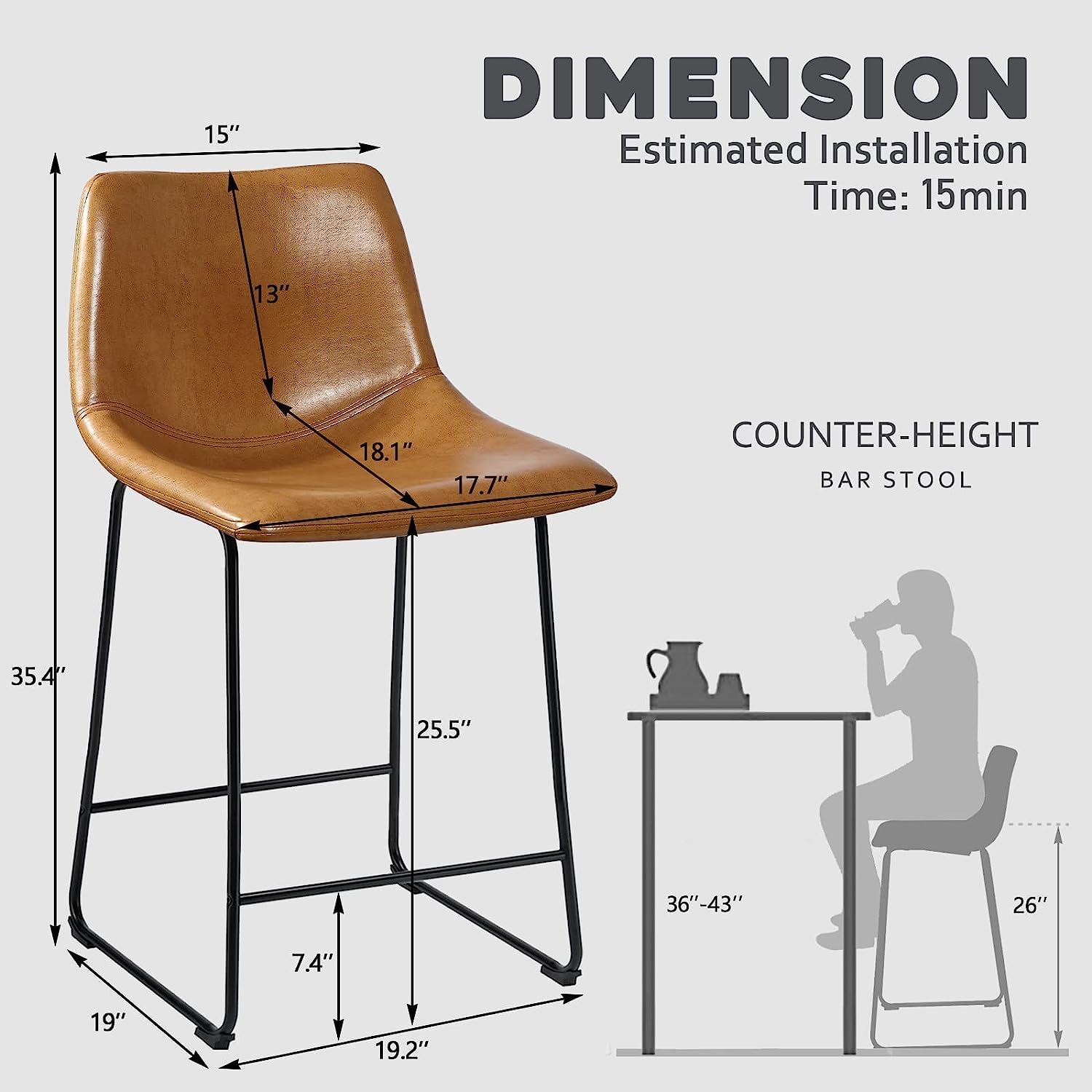 Waleaf 26 inch Bar Stools Set of 4,Counter Height Bar Stools with Back, Modern PU Leather Stools with Metal Leg and Footrest (Whisky, 4 Pcs 26" Counter Height Barstools)