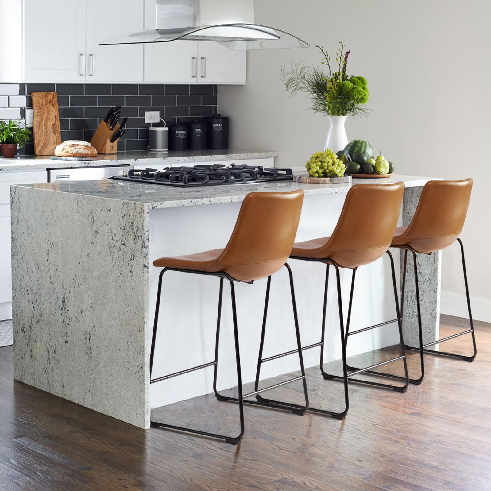 Waleaf 26 inch Bar Stools Set of 4,Counter Height Bar Stools with Back, Modern PU Leather Stools with Metal Leg and Footrest (Whisky, 4 Pcs 26" Counter Height Barstools)