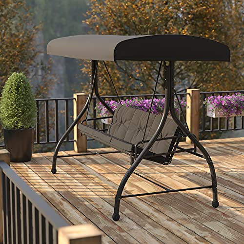 BizChair 3-Seat Outdoor Steel Converting Patio Swing Canopy Hammock with Cushions / Outdoor Swing Bed (Black)