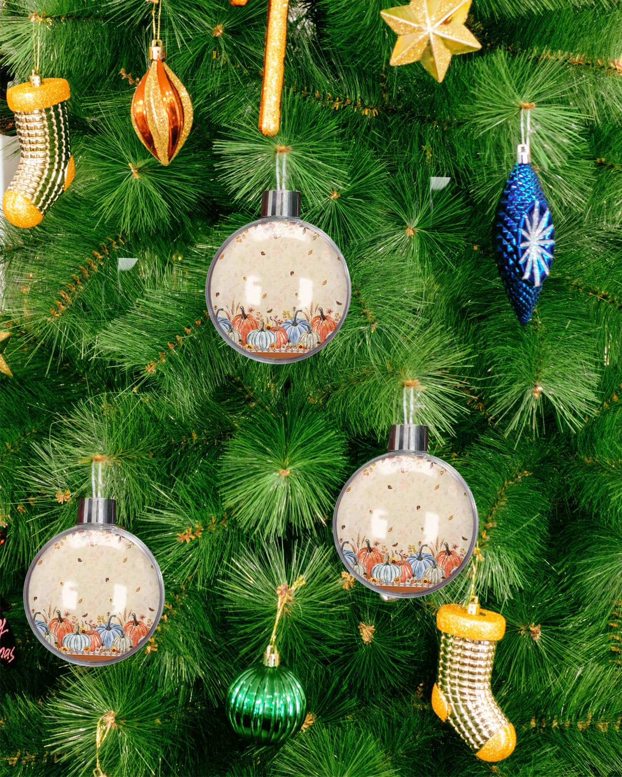 Christmas Tree Decorations Ball Ornaments, Thanksgiving Fall Christmas Ornaments 2022 Shatterproof, Western Pumpkin Teal Blue Orange Maple Leaf Christmas Balls Ornament Hanging for Xmas Party 3.5"