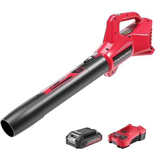POWERWORKS XB 20V Cordless Leaf Blower with 2Ah Battery and Charger,310 CFM / 85 MPH & 2-Speed Mode, Battery Powered Leaf Blowers for Lawn Care