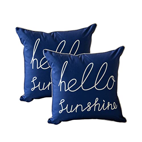 YIcabinet Set of 2 Decorative Outdoor Waterproof Pillow Covers,Square Garden Cushion,Hello Sunshine Print Pillowcase for Patio Tent Couch 18x18 Inch,Blue