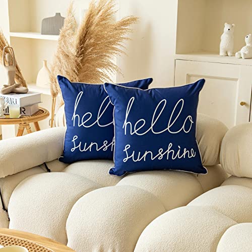 YIcabinet Set of 2 Decorative Outdoor Waterproof Pillow Covers,Square Garden Cushion,Hello Sunshine Print Pillowcase for Patio Tent Couch 18x18 Inch,Blue