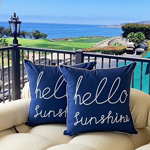 YIcabinet Set of 2 Decorative Outdoor Waterproof Pillow Covers,Square Garden Cushion,Hello Sunshine Print Pillowcase for Patio Tent Couch 18x18 Inch,Blue