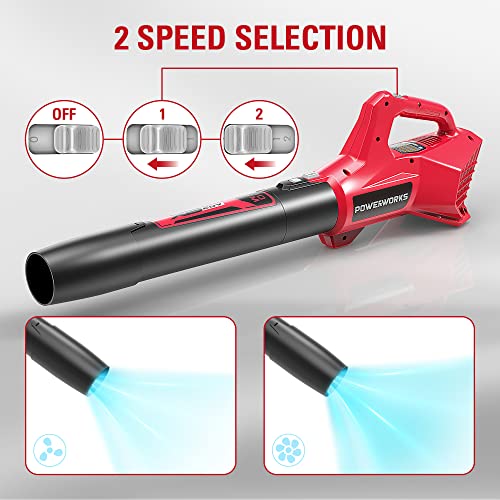 POWERWORKS XB 20V Cordless Leaf Blower with 2Ah Battery and Charger,310 CFM / 85 MPH & 2-Speed Mode, Battery Powered Leaf Blowers for Lawn Care