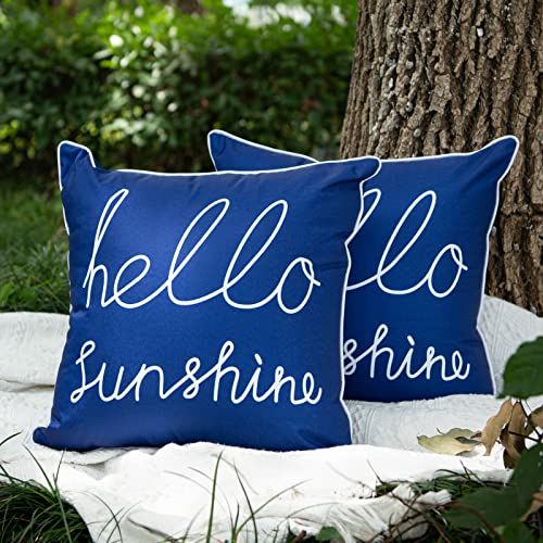 YIcabinet Set of 2 Decorative Outdoor Waterproof Pillow Covers,Square Garden Cushion,Hello Sunshine Print Pillowcase for Patio Tent Couch 18x18 Inch,Blue