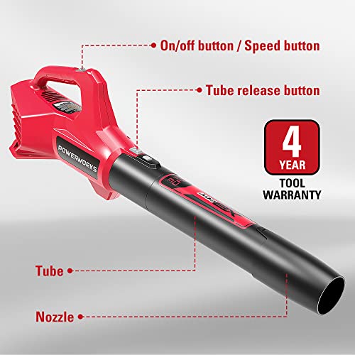 POWERWORKS XB 20V Cordless Leaf Blower with 2Ah Battery and Charger,310 CFM / 85 MPH & 2-Speed Mode, Battery Powered Leaf Blowers for Lawn Care