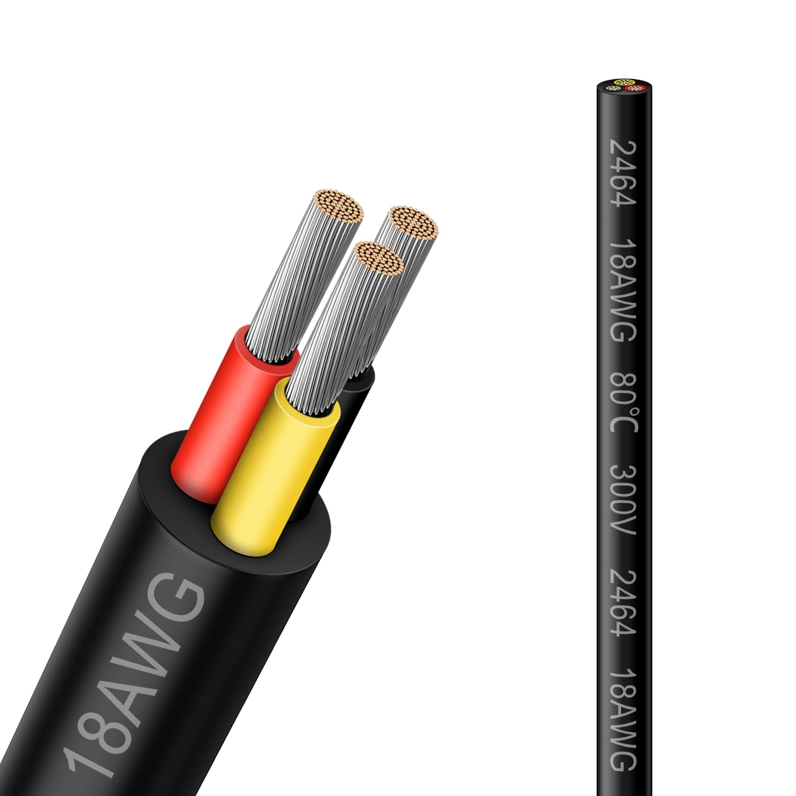 18 Gauge 3 Conductor Electrical Wire, 16.5FT 2464 18AWG 3 Wire Cable Black PVC Stranded Tinned Copper, 18/3 Cord Extension Low Voltage Cable