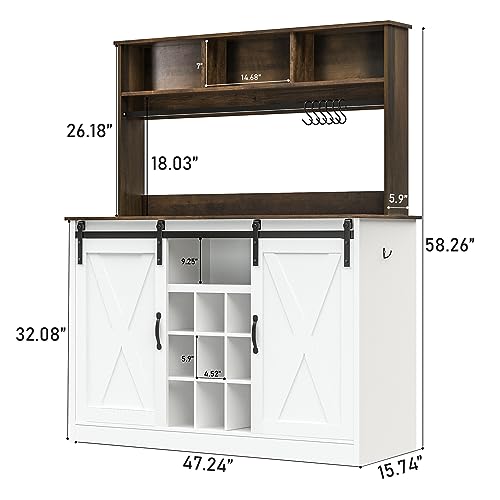 Vinctik 6&Fox Farmhouse LED Coffee Bar w/60000-color Lights,Power Outlet,7 Hooks,9Wink Racks,Adjustable Shelf for Tea Liquor Wine.Sliding Glass Door