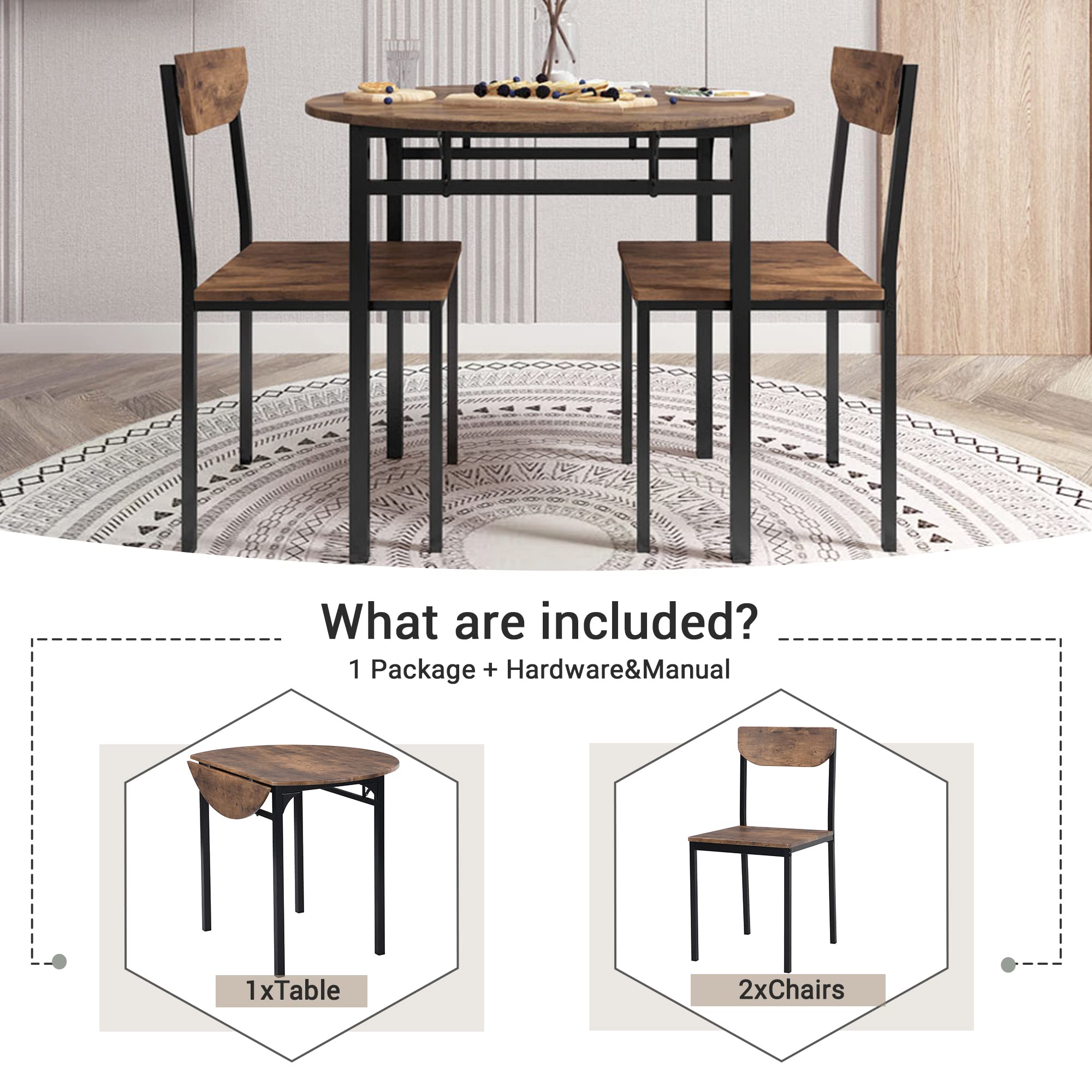 3 Piece Kitchen and Dining Furniture Set with Drop Leaf Table and 2 Chairs,Modern Round Dining Table,Suitable for Small Restaurants (Rustic Brown#)