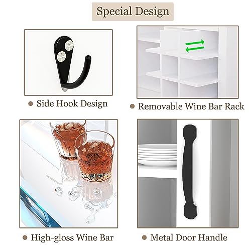 Vinctik 6&Fox Farmhouse LED Coffee Bar w/60000-color Lights,Power Outlet,7 Hooks,9Wink Racks,Adjustable Shelf for Tea Liquor Wine.Sliding Glass Door