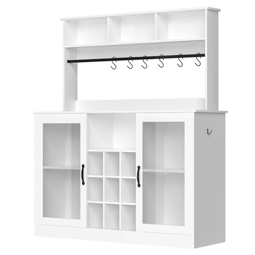 Vinctik 6&Fox Farmhouse LED Coffee Bar w/60000-color Lights,Power Outlet,7 Hooks,9Wink Racks,Adjustable Shelf for Tea Liquor Wine.Sliding Glass Door