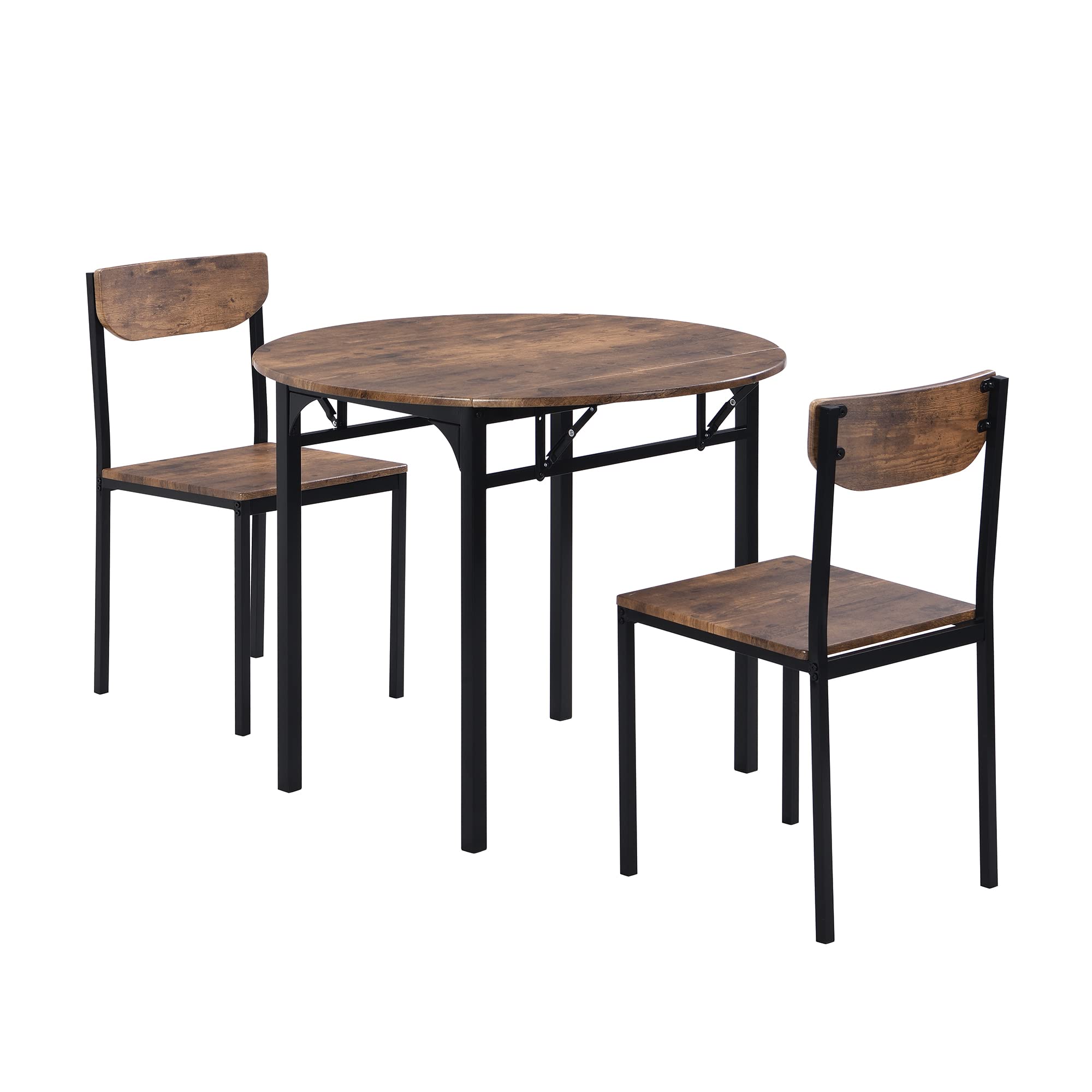 3 Piece Kitchen and Dining Furniture Set with Drop Leaf Table and 2 Chairs,Modern Round Dining Table,Suitable for Small Restaurants (Rustic Brown#)