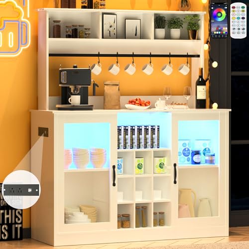 Vinctik 6&Fox Farmhouse LED Coffee Bar w/60000-color Lights,Power Outlet,7 Hooks,9Wink Racks,Adjustable Shelf for Tea Liquor Wine.Sliding Glass Door