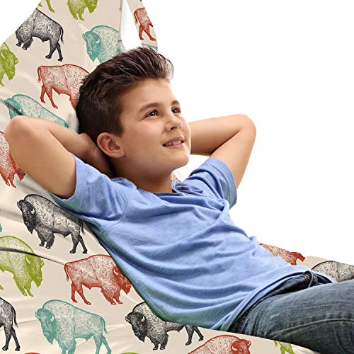 Lunarable Bison Lounger Chair Bag, Vintage Style Wildlife Theme Colorful American Buffalos Illustration, High Capacity Storage with Handle Container, Lounger Size, Champagne and Multicolor