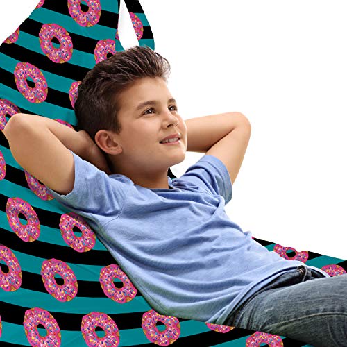 Lunarable Donut Lounger Chair Bag, Repetitive Pattern Strawberry Sprinkle Doughnuts on Horizontal Striped Background, High Capacity Storage with Handle Container, Lounger Size, Multicolor