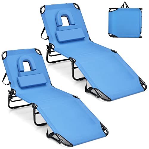 GYMAX Tanning Chair, 350lbs Beach Lounge Chair with Face Hole, Detachable Washable Pillow & Carry Strap, Adjustable Folding Chaise Lounge, Layout Chair for Outside, Patio, Poolside, Lawn (2, Blue)