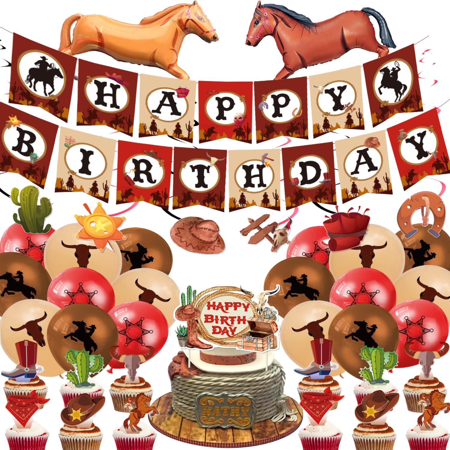 Western Cowgirl Party Supplies Including Horse Theme Happy Birthday Banner, Horse Hanging Swirls, Cake Toppers, Horse Balloon and Horse-Shaped Balloons for Horse Racing Party Retro Horse Rodeo Party