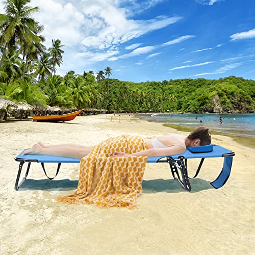 GYMAX Tanning Chair, 350lbs Beach Lounge Chair with Face Hole, Detachable Washable Pillow & Carry Strap, Adjustable Folding Chaise Lounge, Layout Chair for Outside, Patio, Poolside, Lawn (2, Blue)