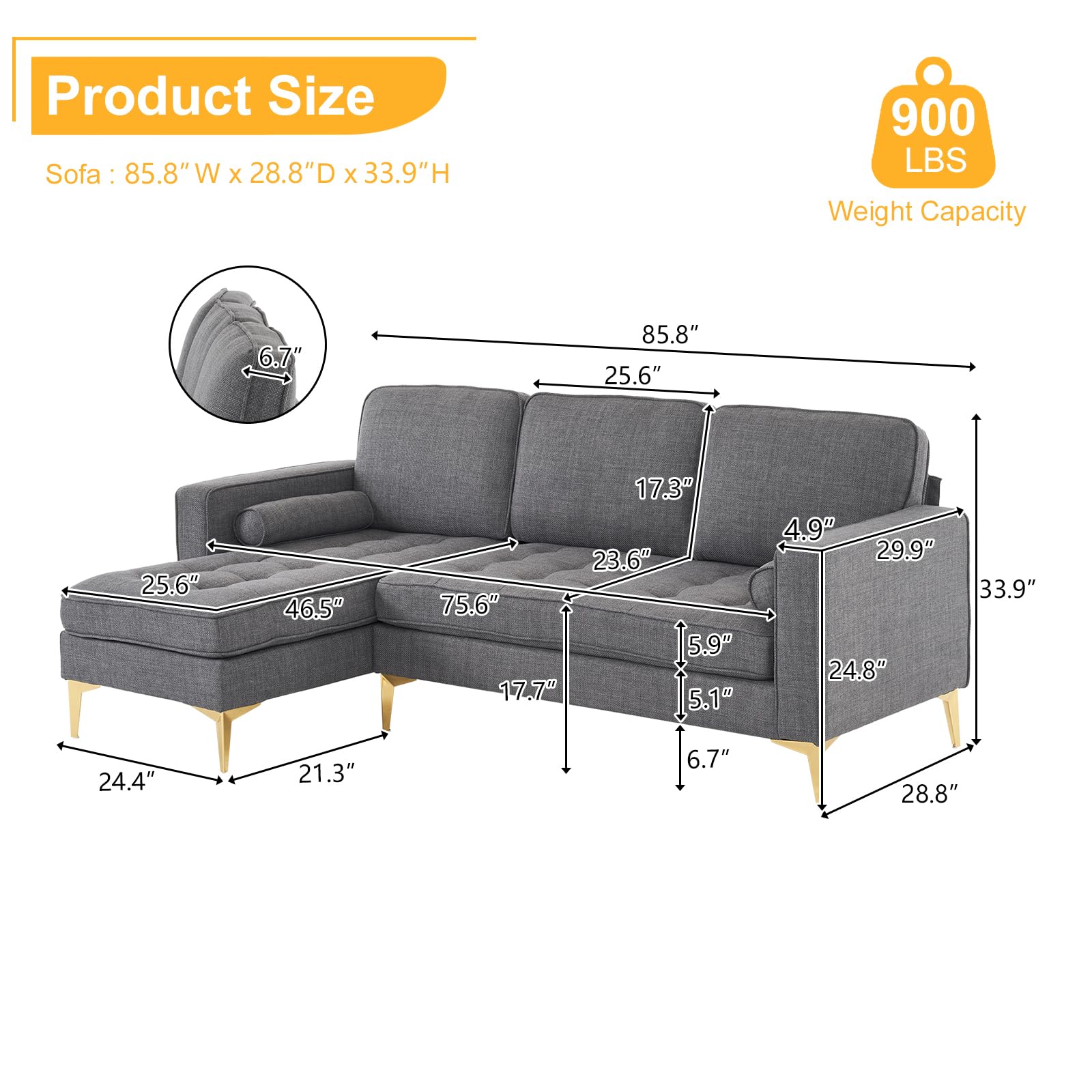 Karl home L-Shape Sectional Sofa Linen Fabric Sofa Couch Living Room Futon Couch with Reversible Chaise, Lattice Decored Seat Cushion, Dark Gray
