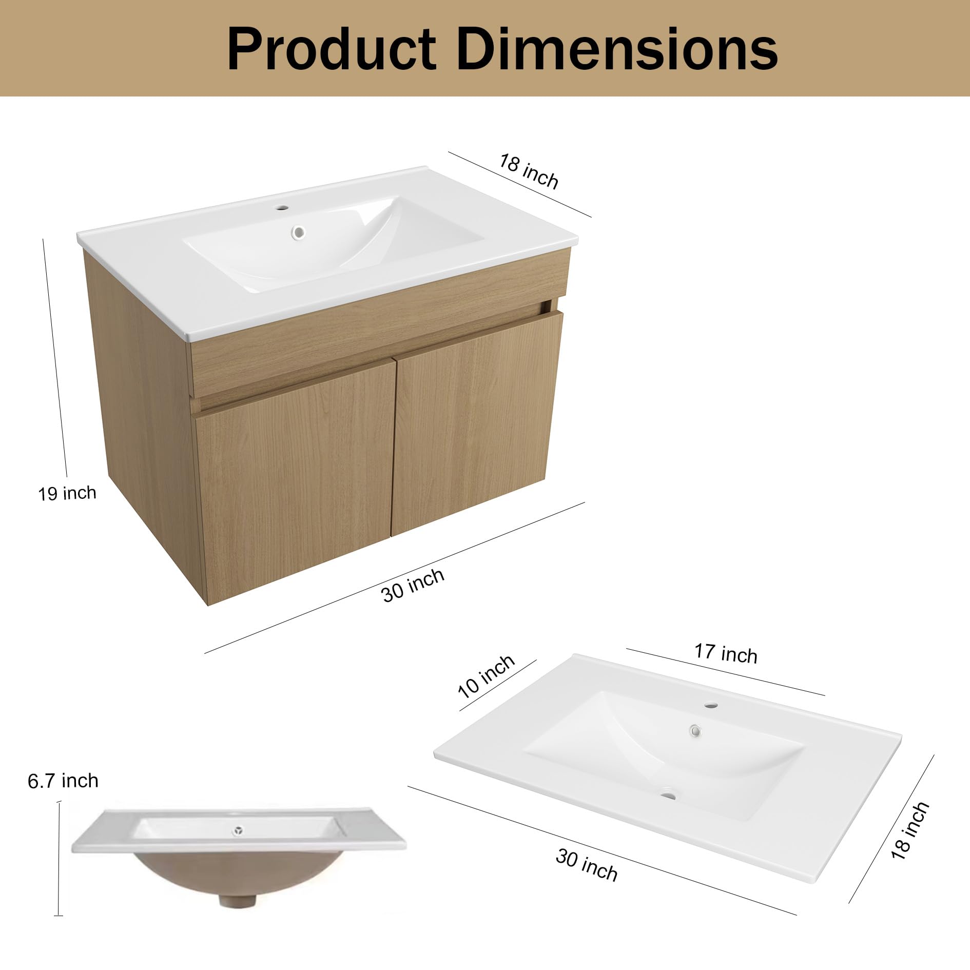 SSLine Modern 30" Floating Bathroom Vanity with Sink Wall Mounted Bathroom Vanity with Top Basin & Storage Cabinet Wood Hanging Vanity w/Ceramic Sink for Small Bath Powder Room (Light Oak)