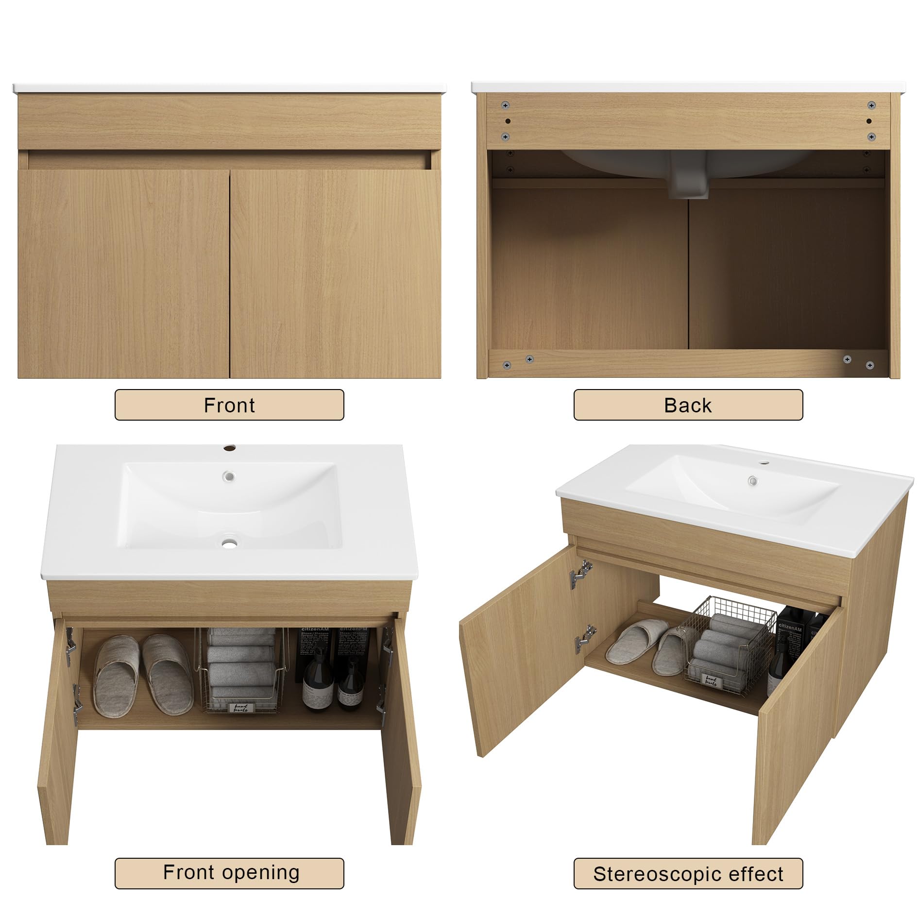 SSLine Modern 30" Floating Bathroom Vanity with Sink Wall Mounted Bathroom Vanity with Top Basin & Storage Cabinet Wood Hanging Vanity w/Ceramic Sink for Small Bath Powder Room (Light Oak)