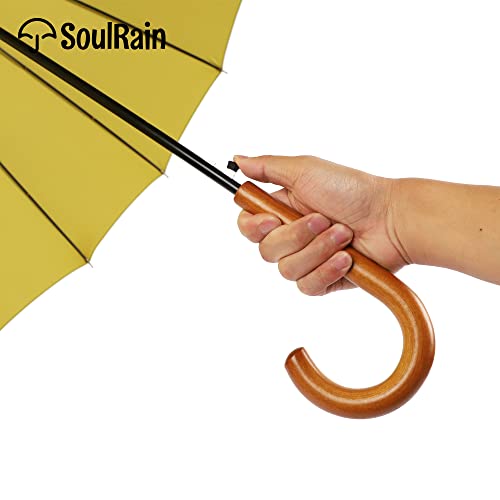 SoulRain 16 Ribs 48" Stick Umbrella Auto Open Solid Color Fashionable and Simple,Arc Classic Wood Handle,Windproof Unbreakable Stick Rain Umbrella (Matcha Green)