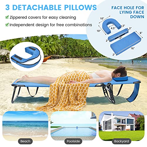 GYMAX Tanning Chair, 350lbs Beach Lounge Chair with Face Hole, Detachable Washable Pillow & Carry Strap, Adjustable Folding Chaise Lounge, Layout Chair for Outside, Patio, Poolside, Lawn (2, Blue)