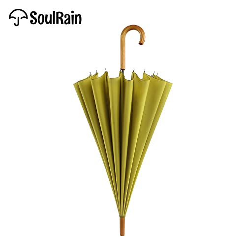 SoulRain 16 Ribs 48" Stick Umbrella Auto Open Solid Color Fashionable and Simple,Arc Classic Wood Handle,Windproof Unbreakable Stick Rain Umbrella (Matcha Green)