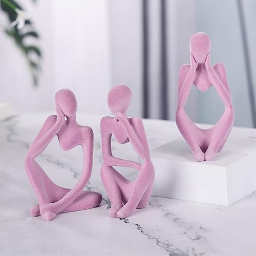 Ksgolif Home Decor Thinker Statue - 3pcs Modern Abstract Art Sculpture Bookshelf Decor Pink Velvet Collectible Figurines Decorations for Living Room Office Women's Day Gift (Pink)